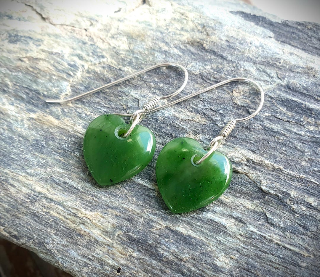 Greenstone New Zealand Pounamu Heart Earrings~ on Sterling Silver Ear ...
