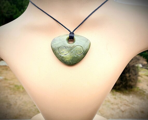 New Zealand Greenstone or Pounamu Pipi. Hand Carved River Stone With Maori Koru Engraving Etsy