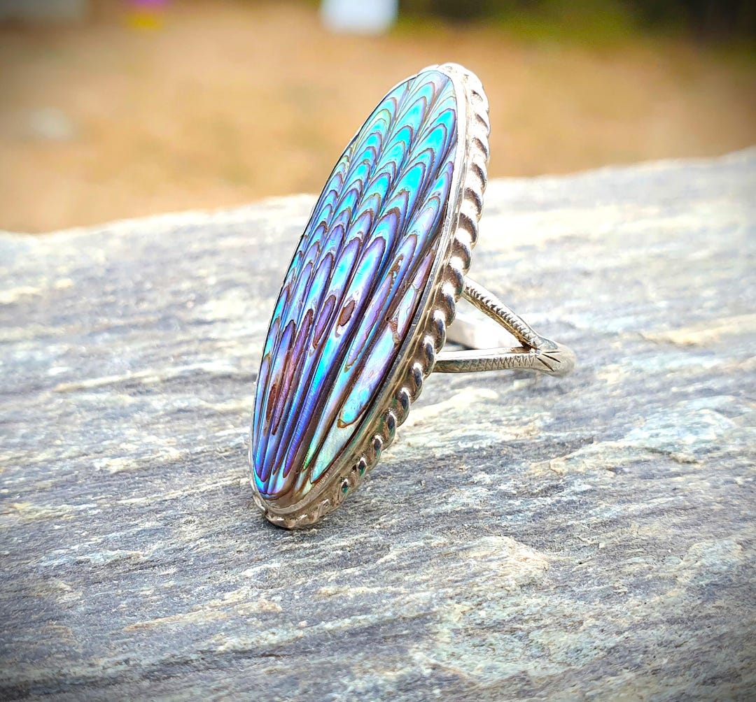 Stunning New Zealand Paua Shell Ring ~ Sterling Silver~ Peacock Feather ...