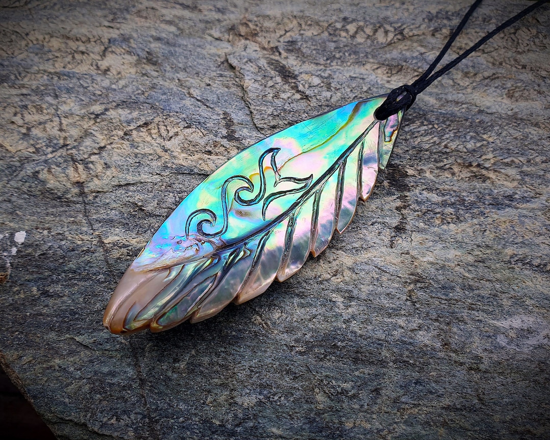New Zealand Paua Shell Leaf or Feather Pendanthand Carved With Whale ...