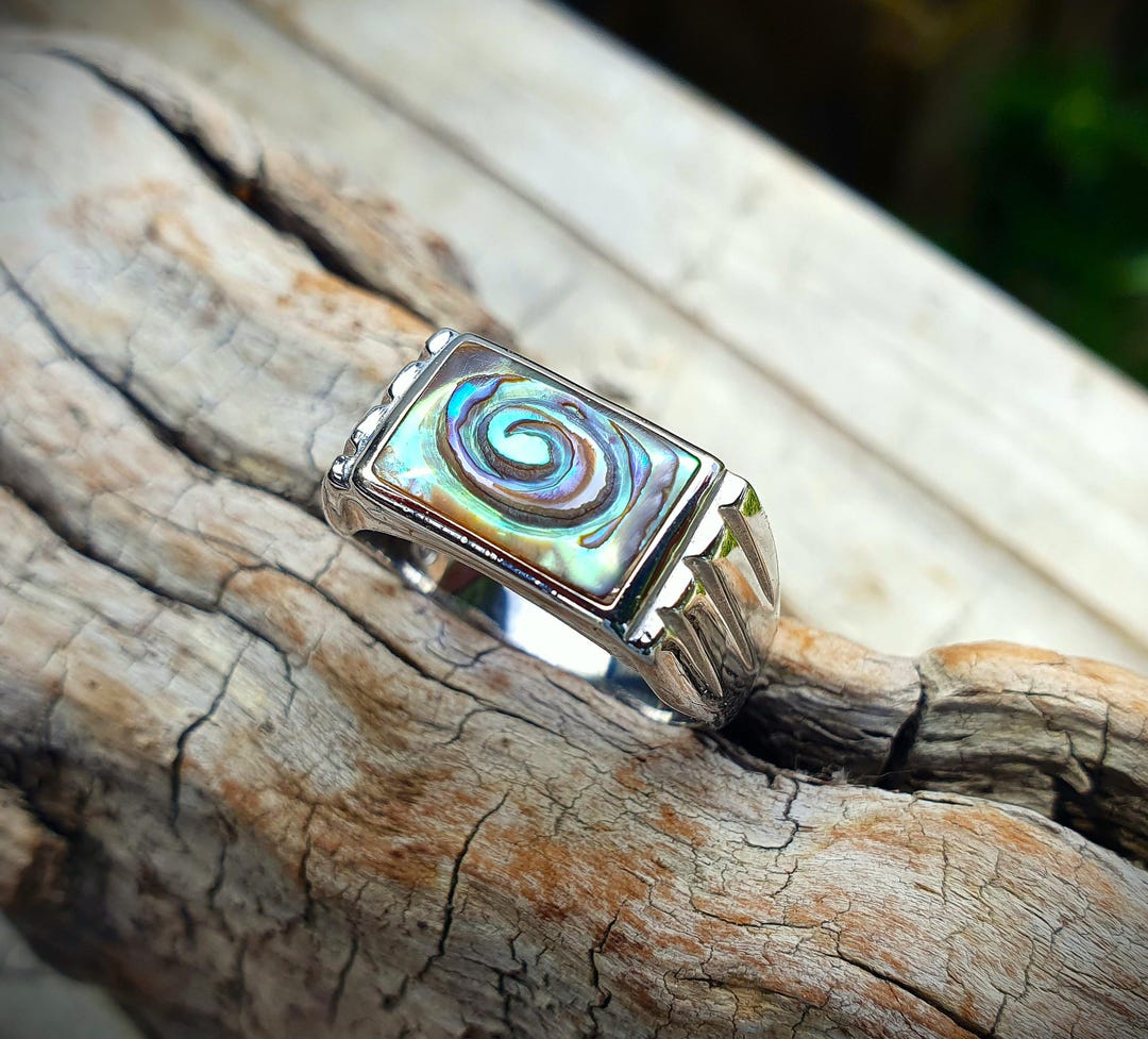 New Zealand Paua Shell and Sterling Silver Ring~ Koru Engraving - Etsy
