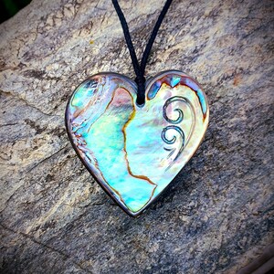 New Zealand Paua Shell Heart Pendant With Maori Koru Love Symbol ...