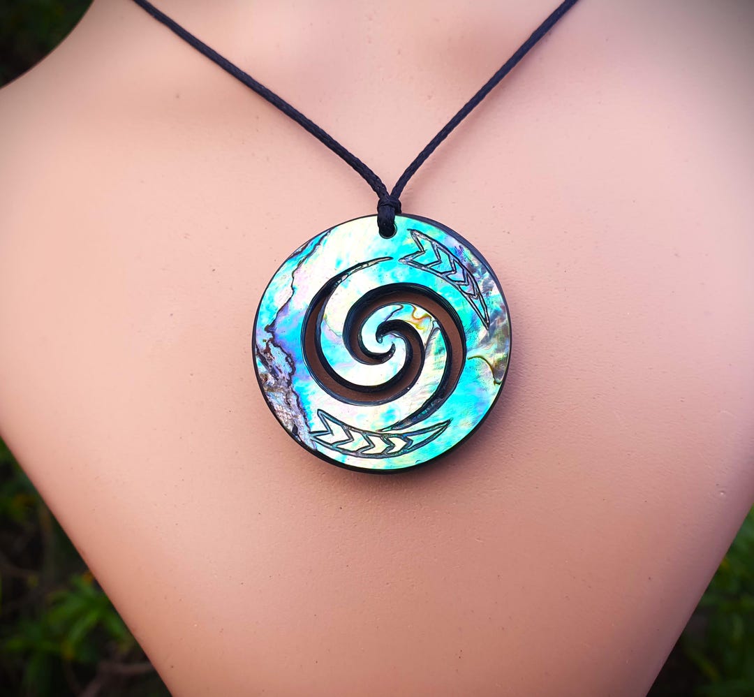 New Zealand Paua Shell Koru Moana Ocean Wave Pendant~ With Maori ...