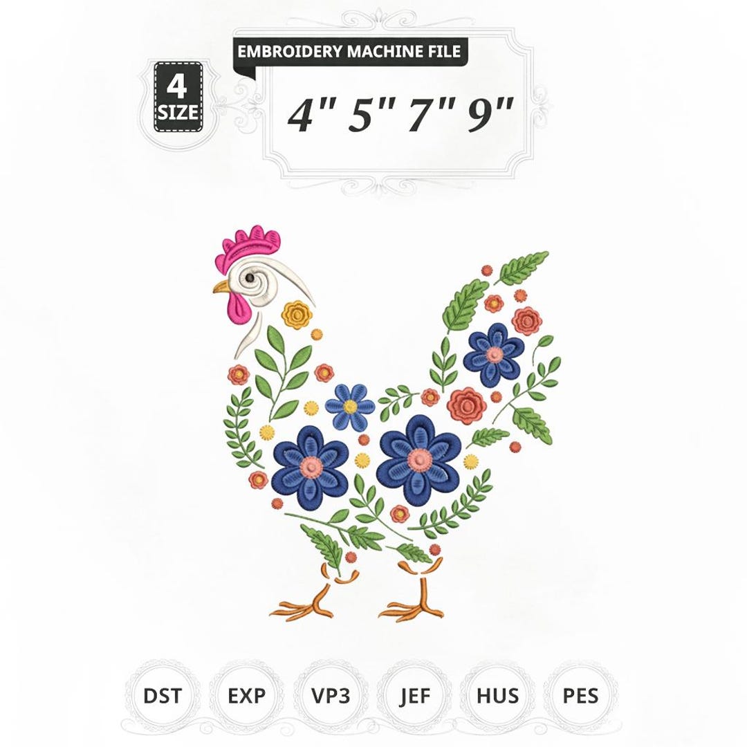 Floral Chicken Embroidery Design, Rustic Farmhouse Hen, Chiken ...