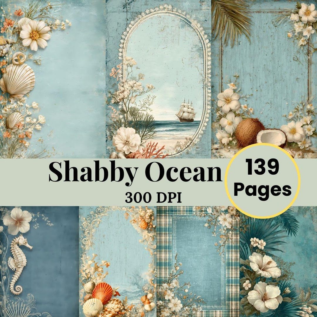 Shabby Chic Ocean Journal Paper, Sea Collage Sheet Blue Coastal Sea ...