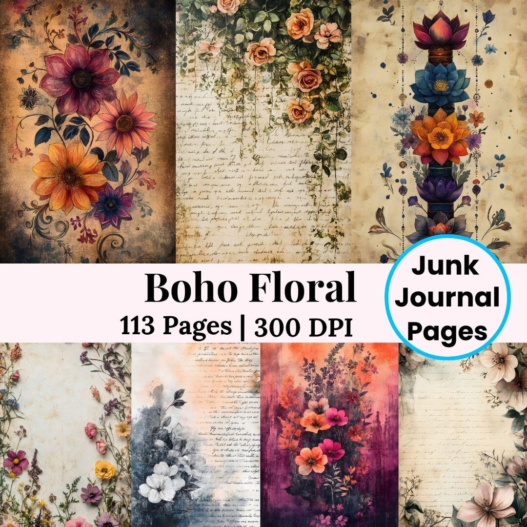 Boho Wildflower Junk Journal Kit, Bohemian Scrapbook Papers, Shabby ...