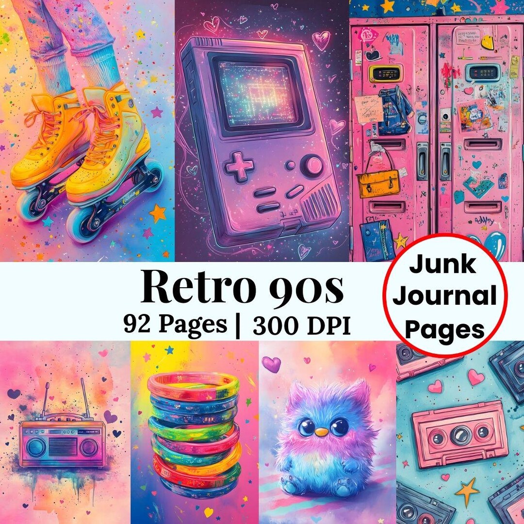 Printable Retro 90s Junk Journal Bundle, Colorful Collage Rainbow ...