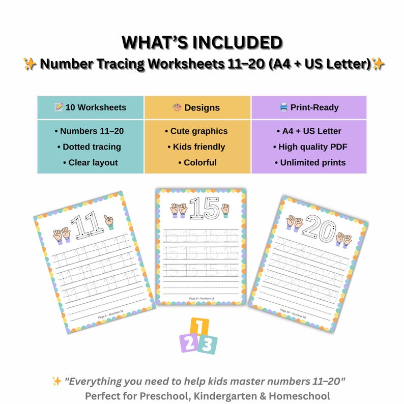 Number Tracing Worksheets 11–20 | Kids Handwriting Practice | Preschool ...