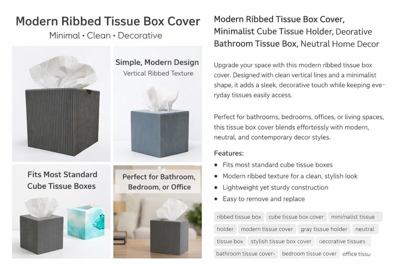 Modern Ribbed Tissue Box Cover | Minimalist 3D Printed Home Decor - Etsy