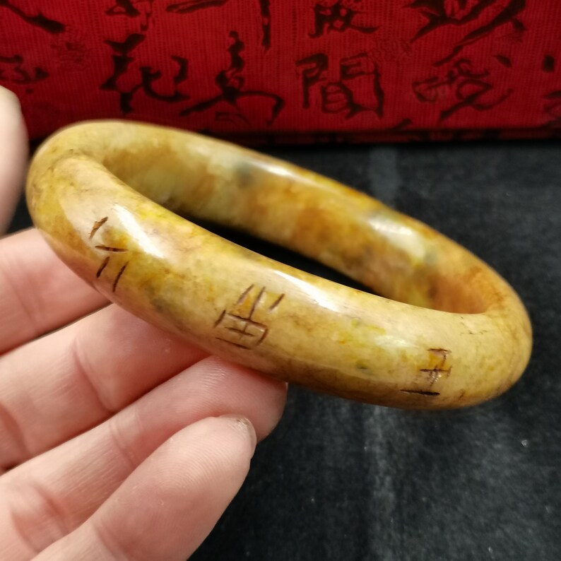 Vintage Yellow Jade Bangle: Hand-carved Chinese Character Bracelet ...