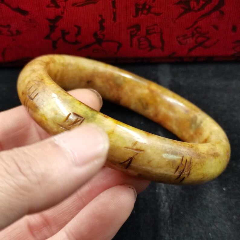Vintage Yellow Jade Bangle: Hand-carved Chinese Character Bracelet ...