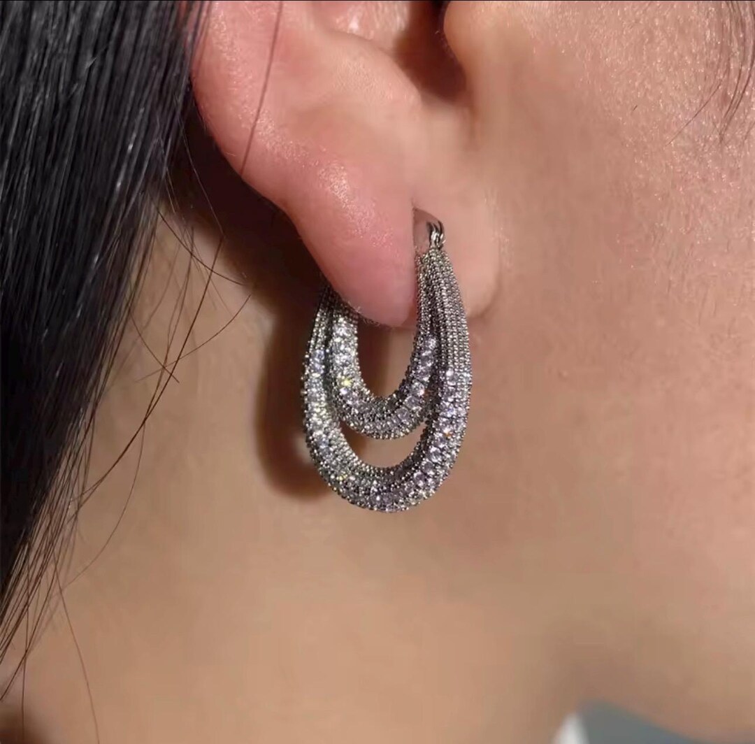 Double Row Hoop Earrings Cubic Zirconia Waterproof for Gift - Etsy