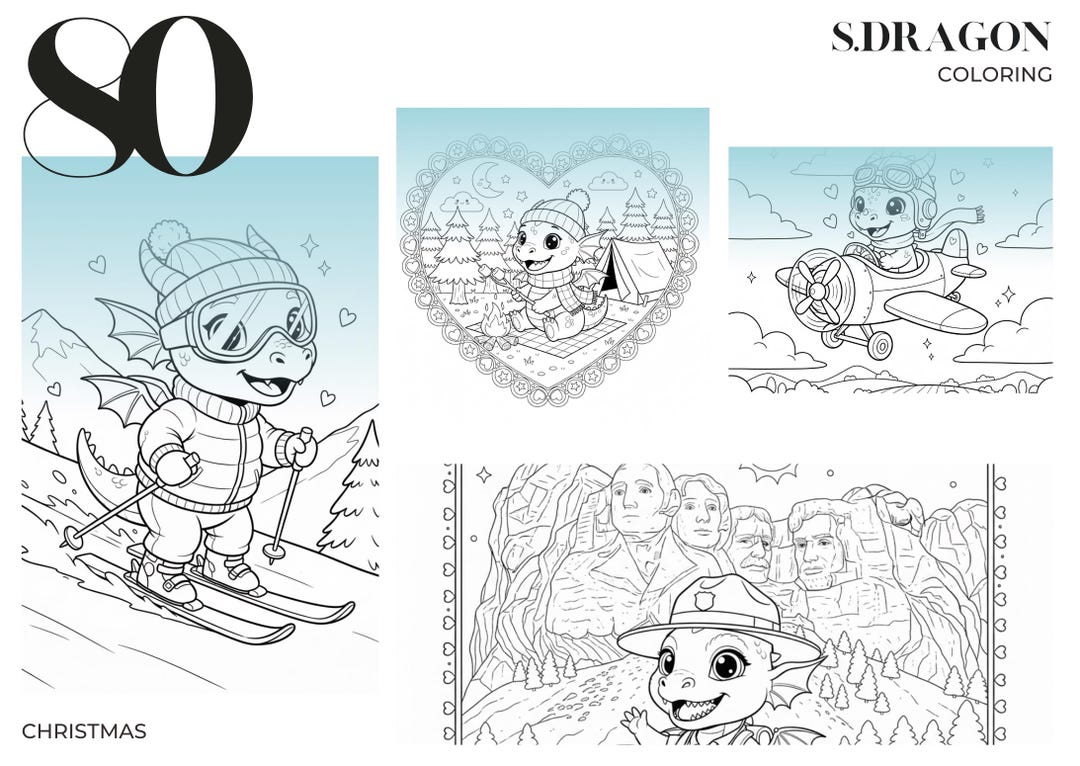 80 Christmas Dragon Coloring Pages, Cute and Happy, Print at Home - Etsy