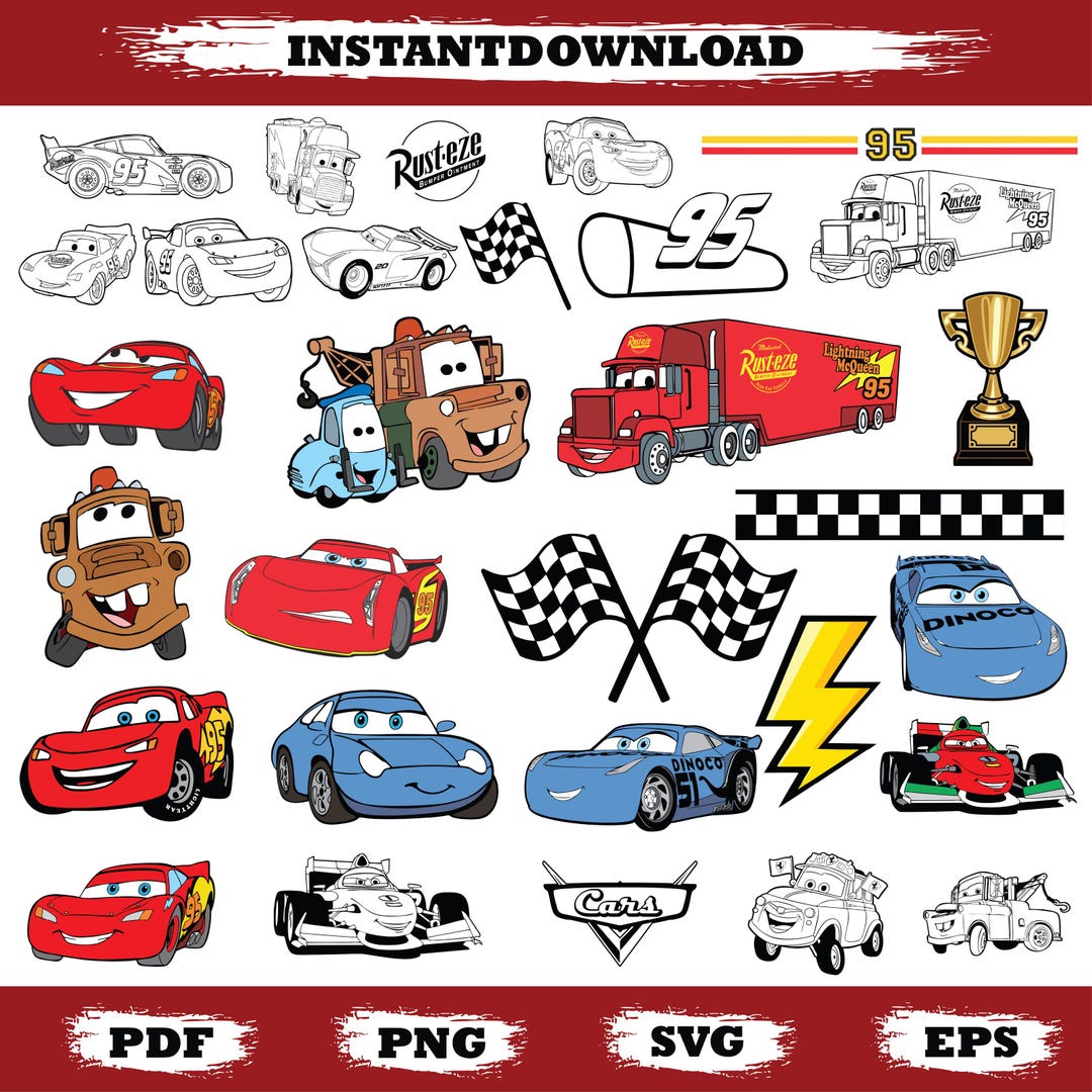 Cars SVG Bundle, Car PNG, Pixar Cars Characters Clipart, Racing Trophy ...