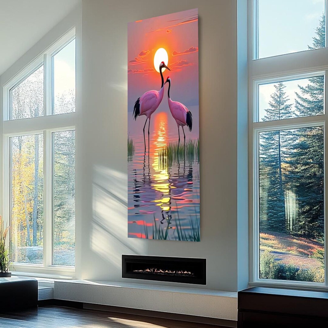 Modern Art Pink Cranes at Sunset Canvas Wall Art, Vibrant Bird ...