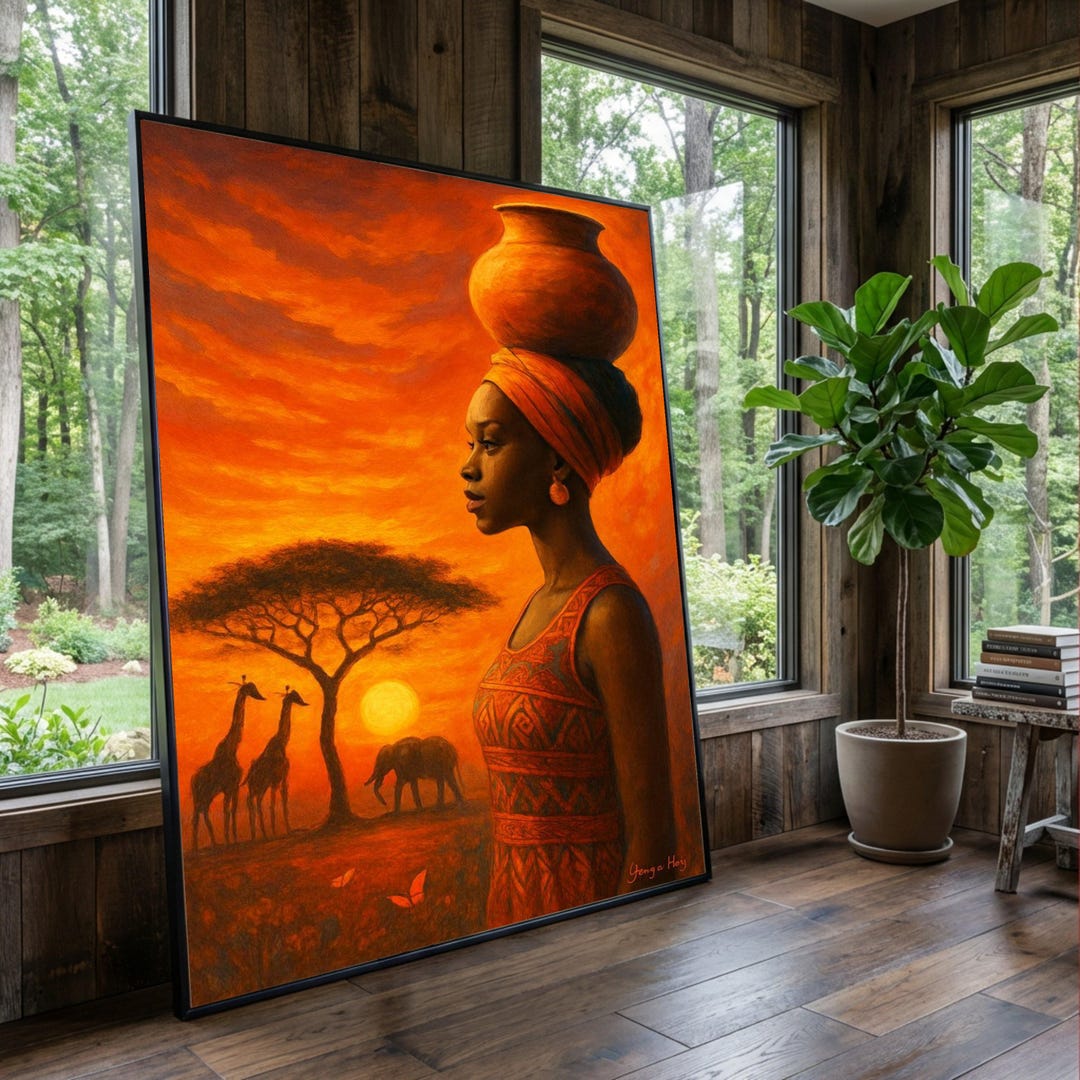 African Woman Sunset Canvas, Ethnic Modern Art, Safari Wildlife Wall ...