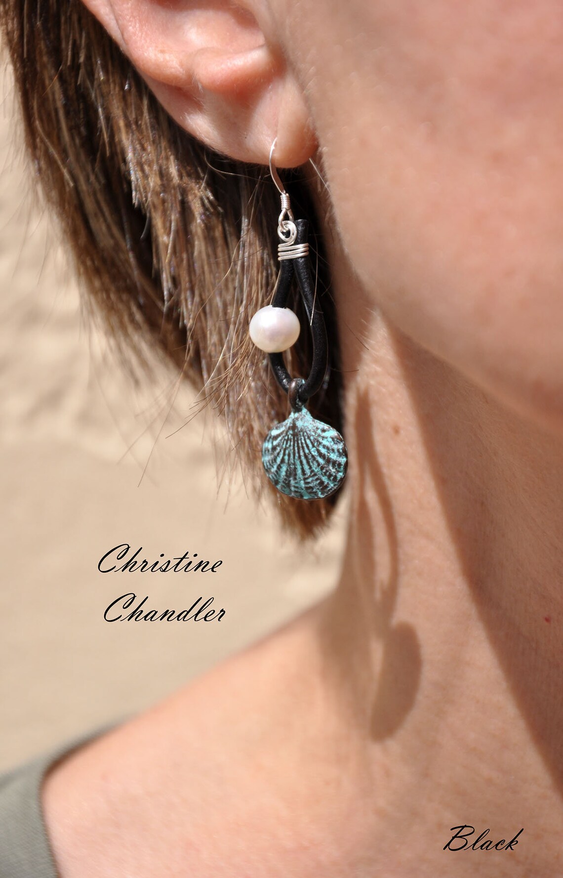 Pearl and Leather - Copper Sea Shell Earrings - Green Patina Earrings ...