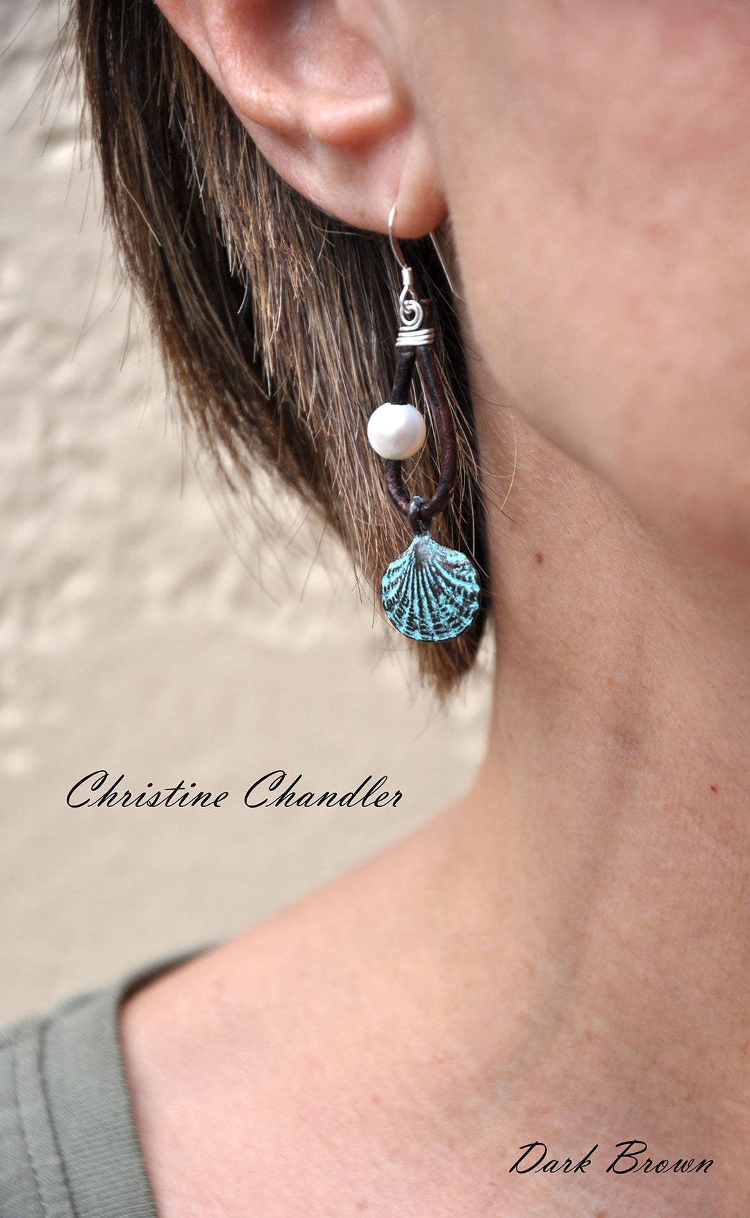 Pearl and Leather - Copper Sea Shell Earrings - Green Patina Earrings ...
