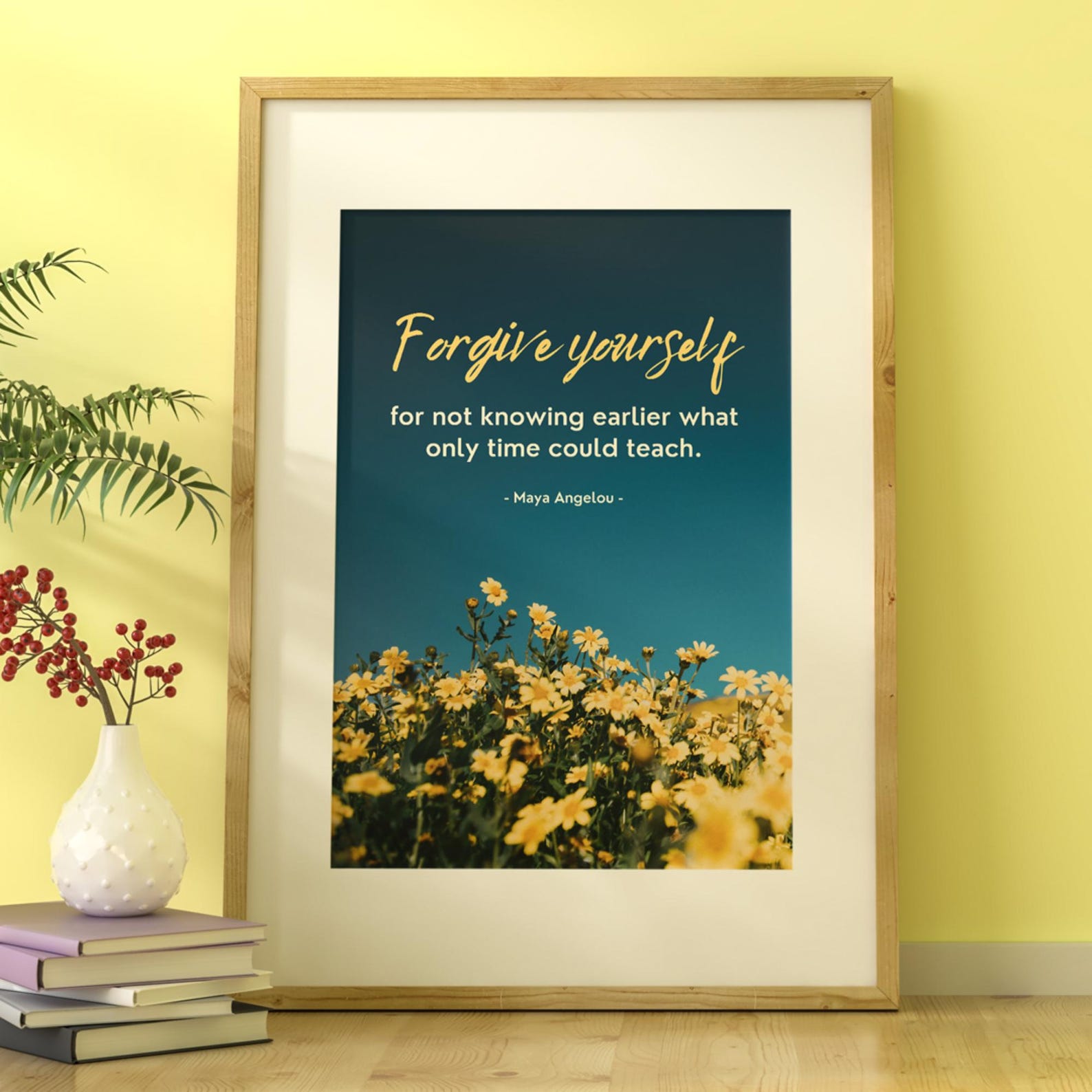 Maya Angelou Self Forgiveness Print, Yellow Wildflower Field Wall Art ...