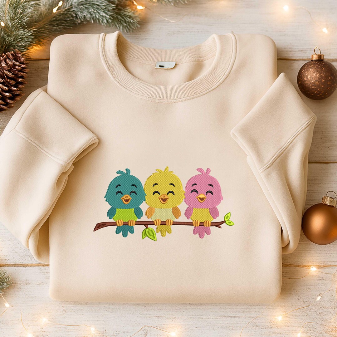 Cute Colorful Birds Embroidery Design, Happy Birds on Branch, Kawaii ...