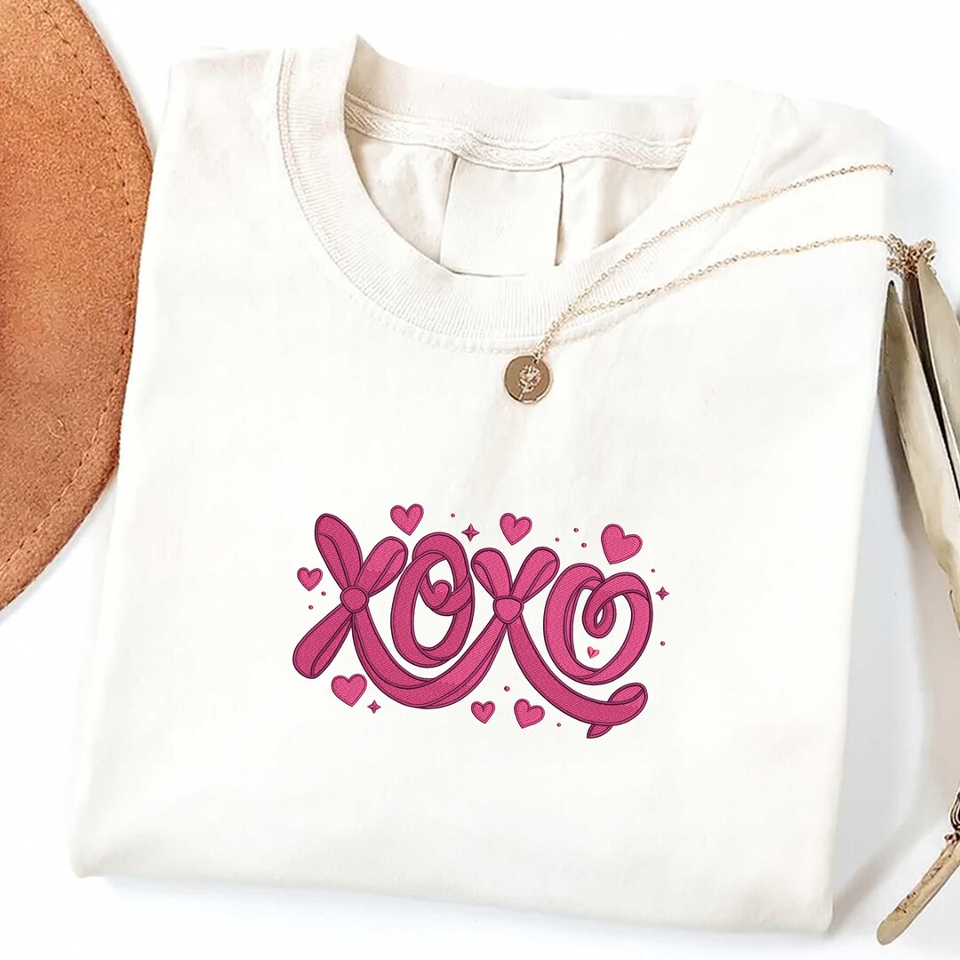 Pink XOXO Bow Embroidery Design, Cute Valentine Heart Stitch Pattern ...
