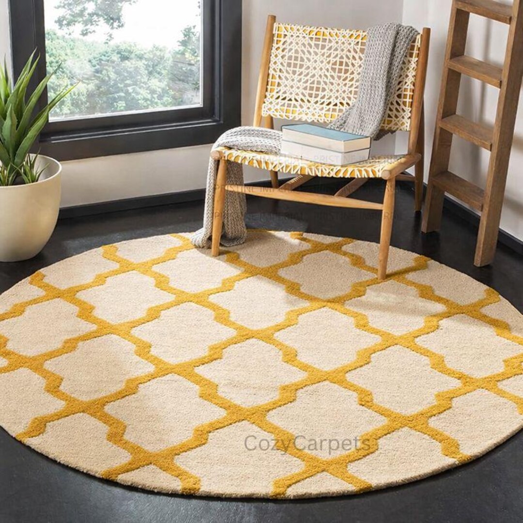 Round Cream and Mustard Yellow Trellis Rug Modern Geometric Area Carpet ...