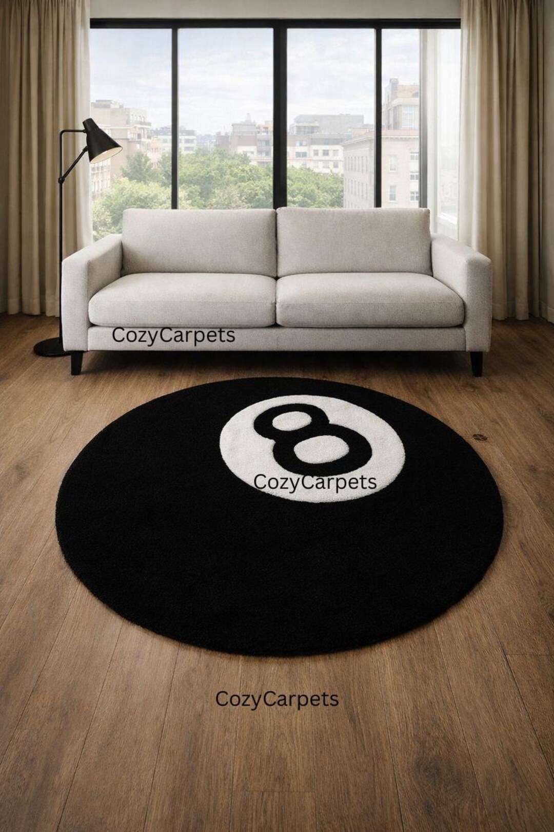 Handmade Black 8 Ball Round Rug Modern Game Room Decor Billiard Pool ...