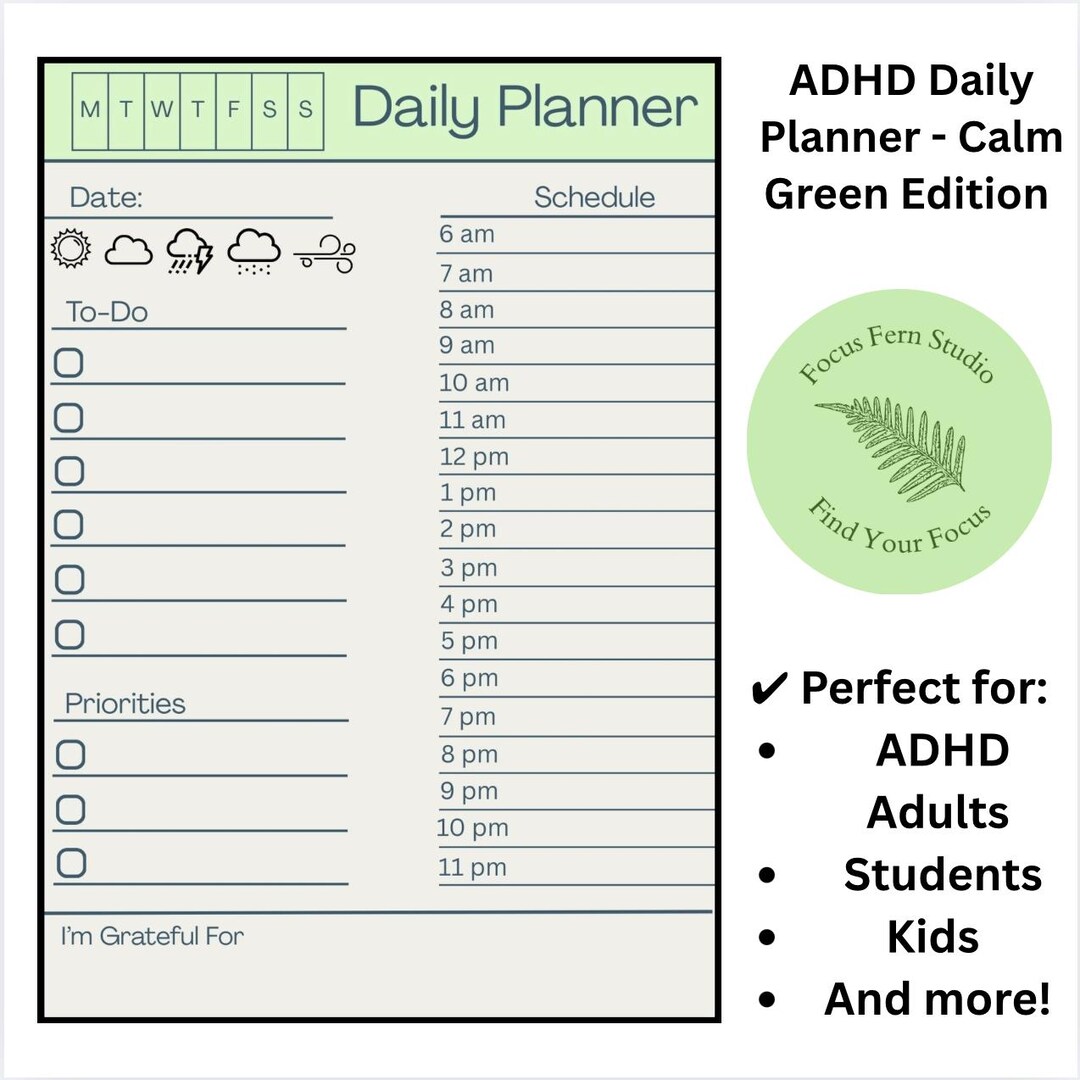 ADHD Daily Planner Printable | Green ADHD Schedule, To-do List, Time ...