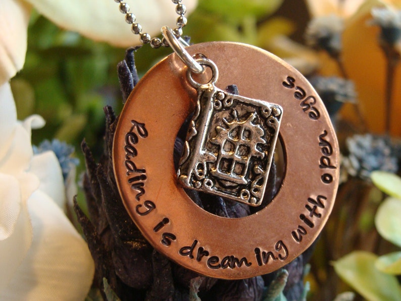 Reading is Dreaming With Open Eyes- Hand Stamped Copper Necklace. - Etsy