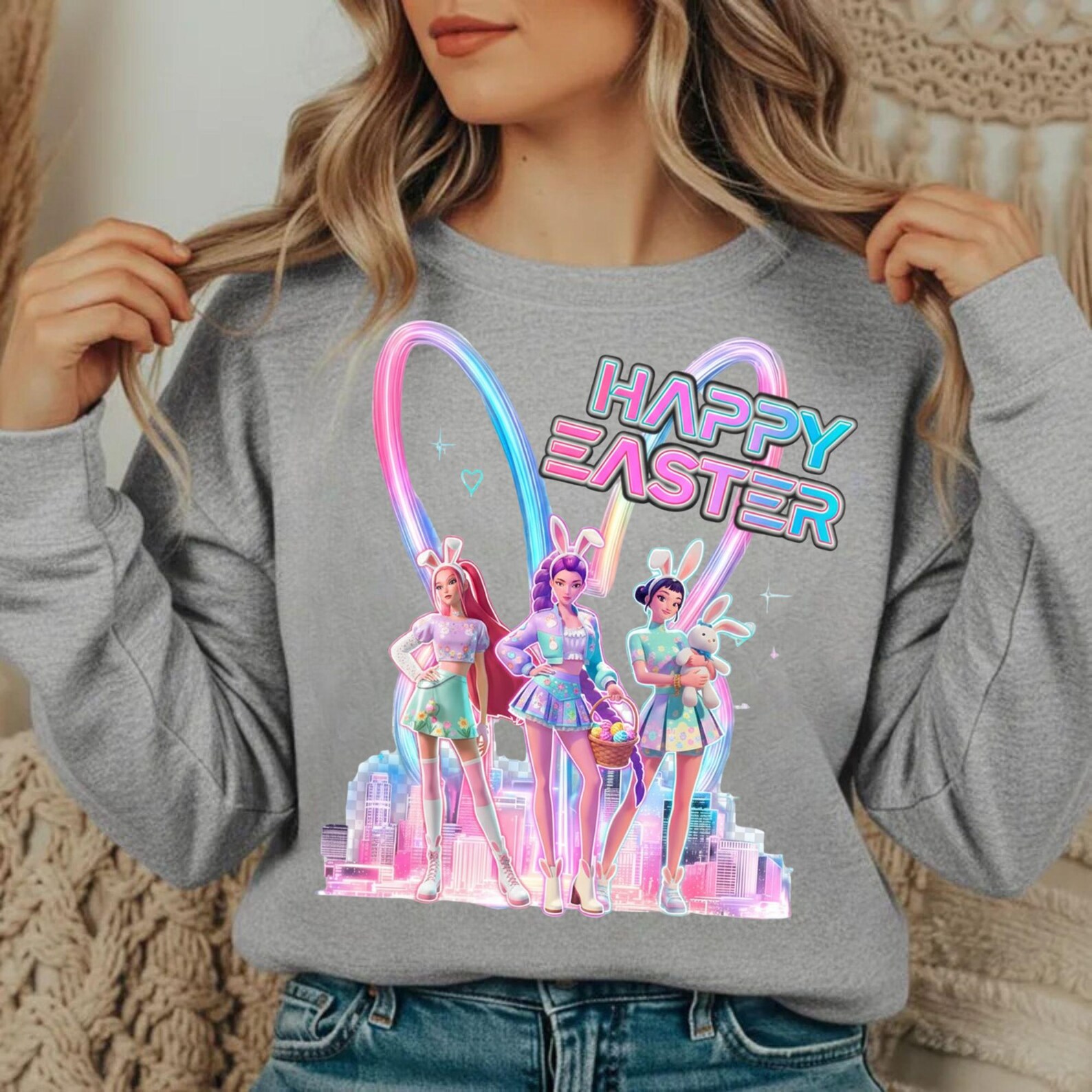 Kpop Easter Day PNG, K-pop Cartoon Girl Band, Easter Anime Girl Group ...
