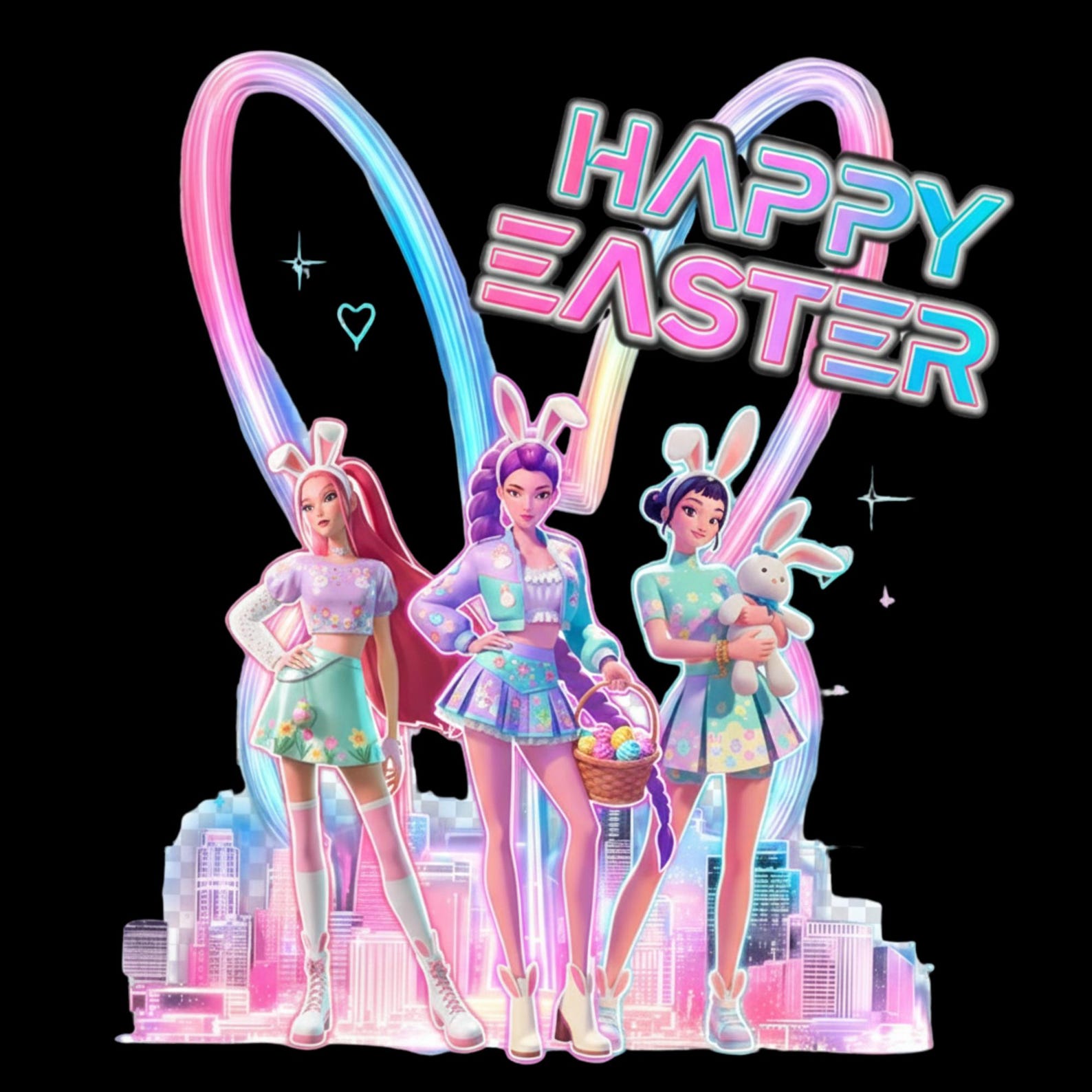 Kpop Easter Day PNG, K-pop Cartoon Girl Band, Easter Anime Girl Group ...