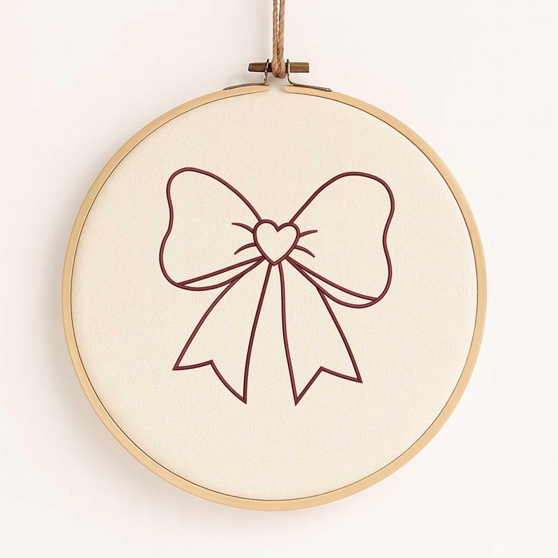 Heart Bow Embroidery Design, Line Art Bow Stitch Pattern, Minimalist ...