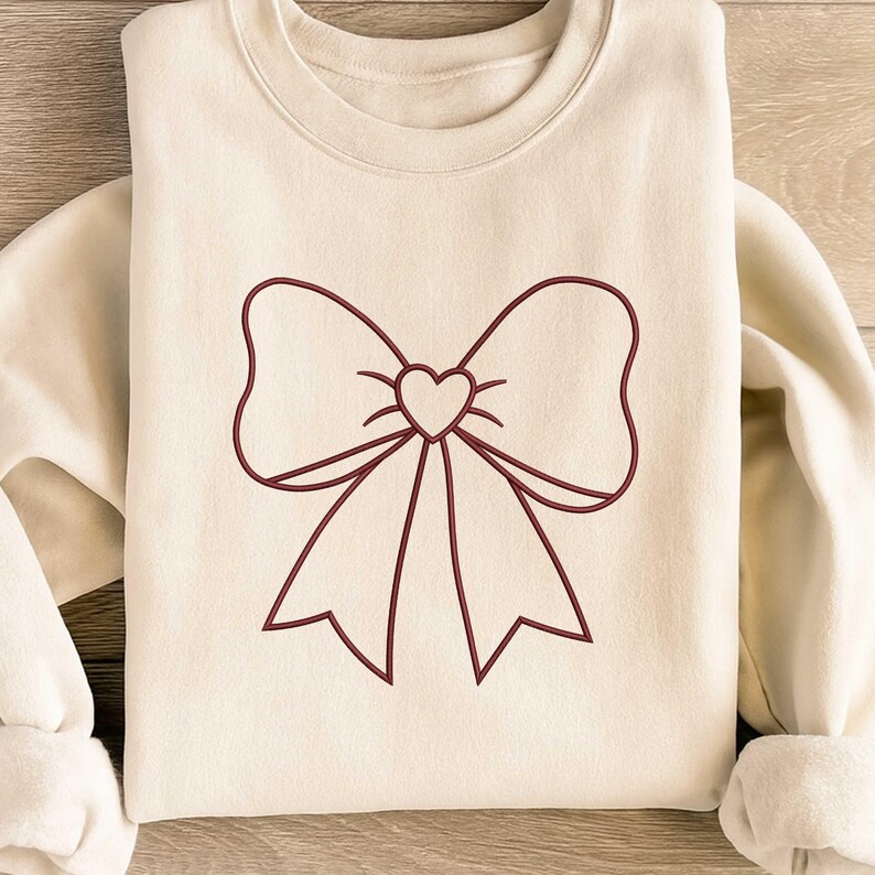 Heart Bow Embroidery Design, Line Art Bow Stitch Pattern, Minimalist ...