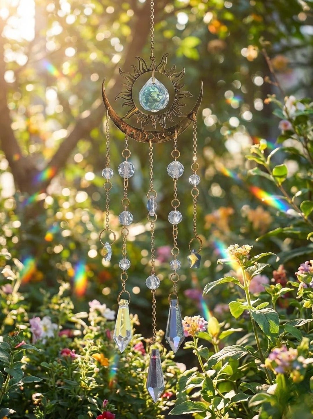 Crescent Moon Crystal Suncatcher: Boho Rainbow Light Catcher - Etsy
