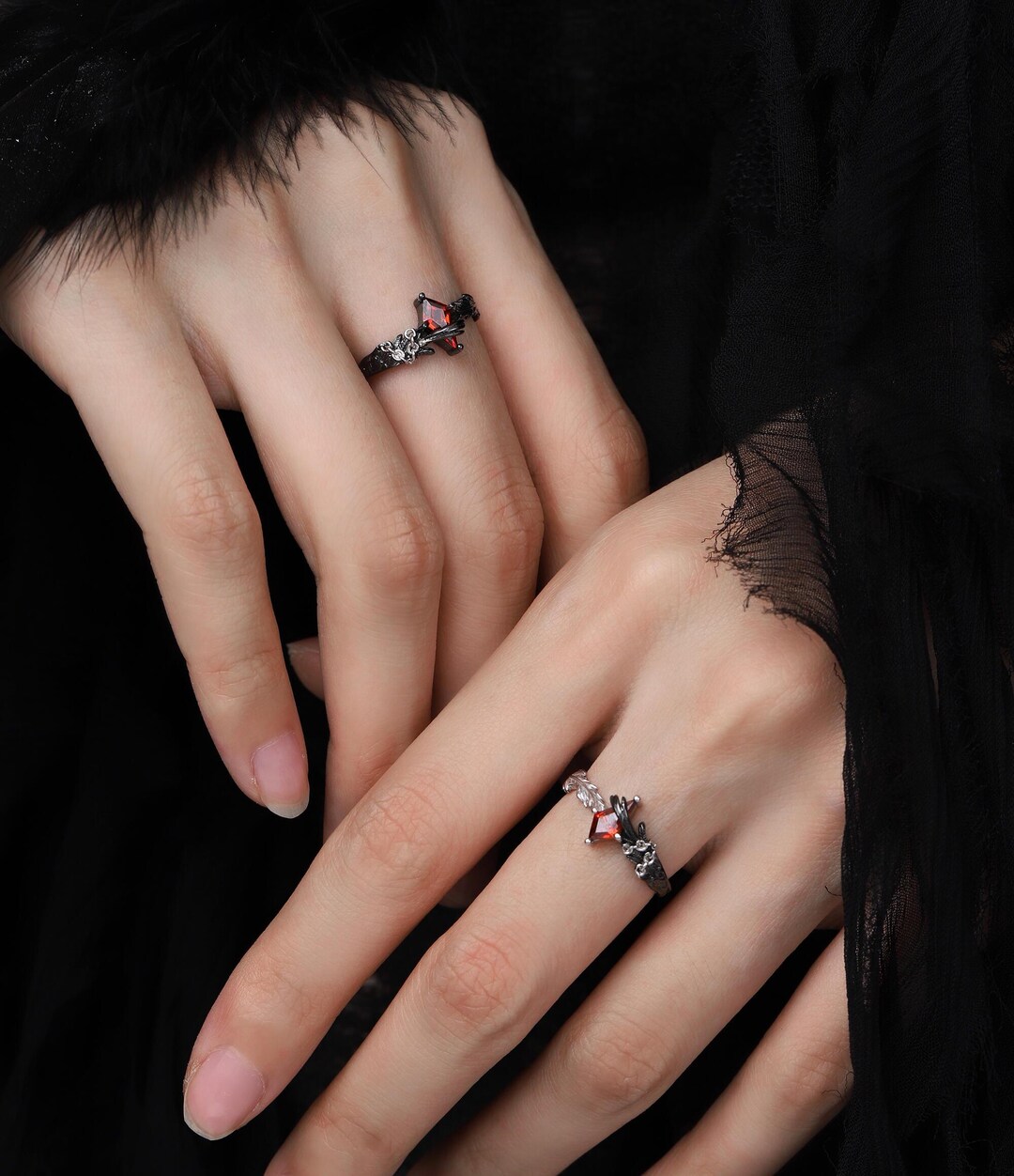 Handmade Silver Rings,bird Feather & Red Gem Couple,gothic Promise ...