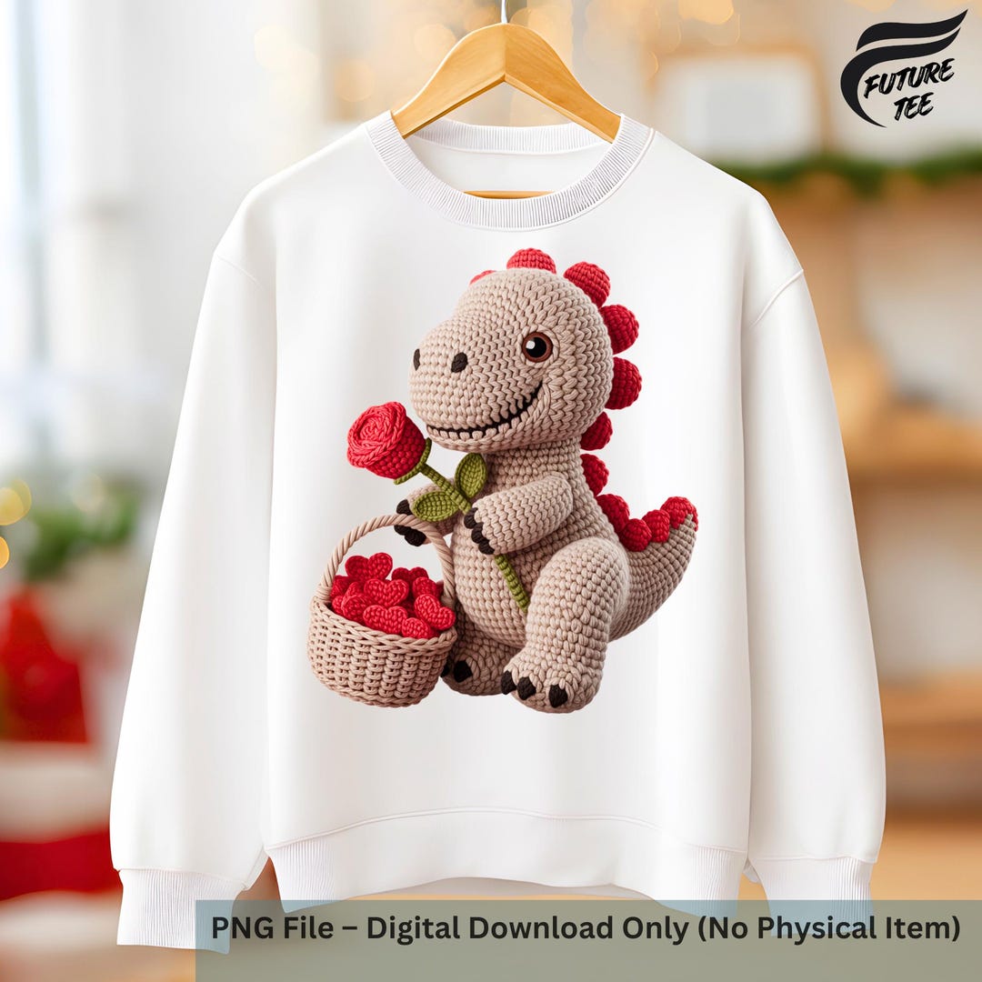 3D Knit Dinosaur Valentine PNG, Faux Yarn Dino Rose Heart Shirt Design ...