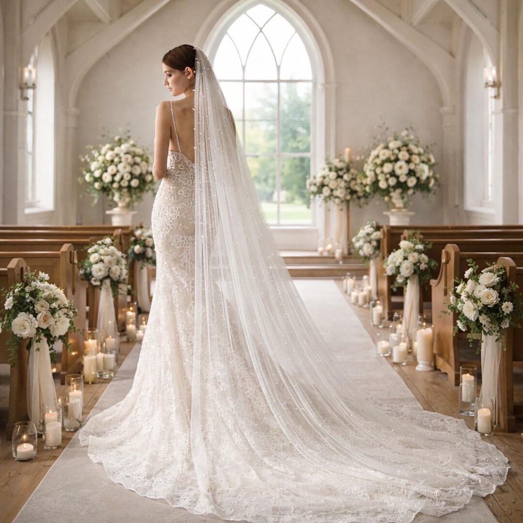 Bridal Veil, Long Cathedral Wedding Veil Lace Tulle Veil Pearl Detail ...