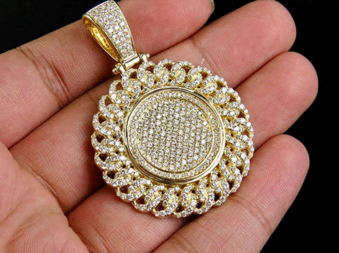 Iced Out Round Coin Pendant Micro Pave Moissanite Diamonds 925 Sterling ...
