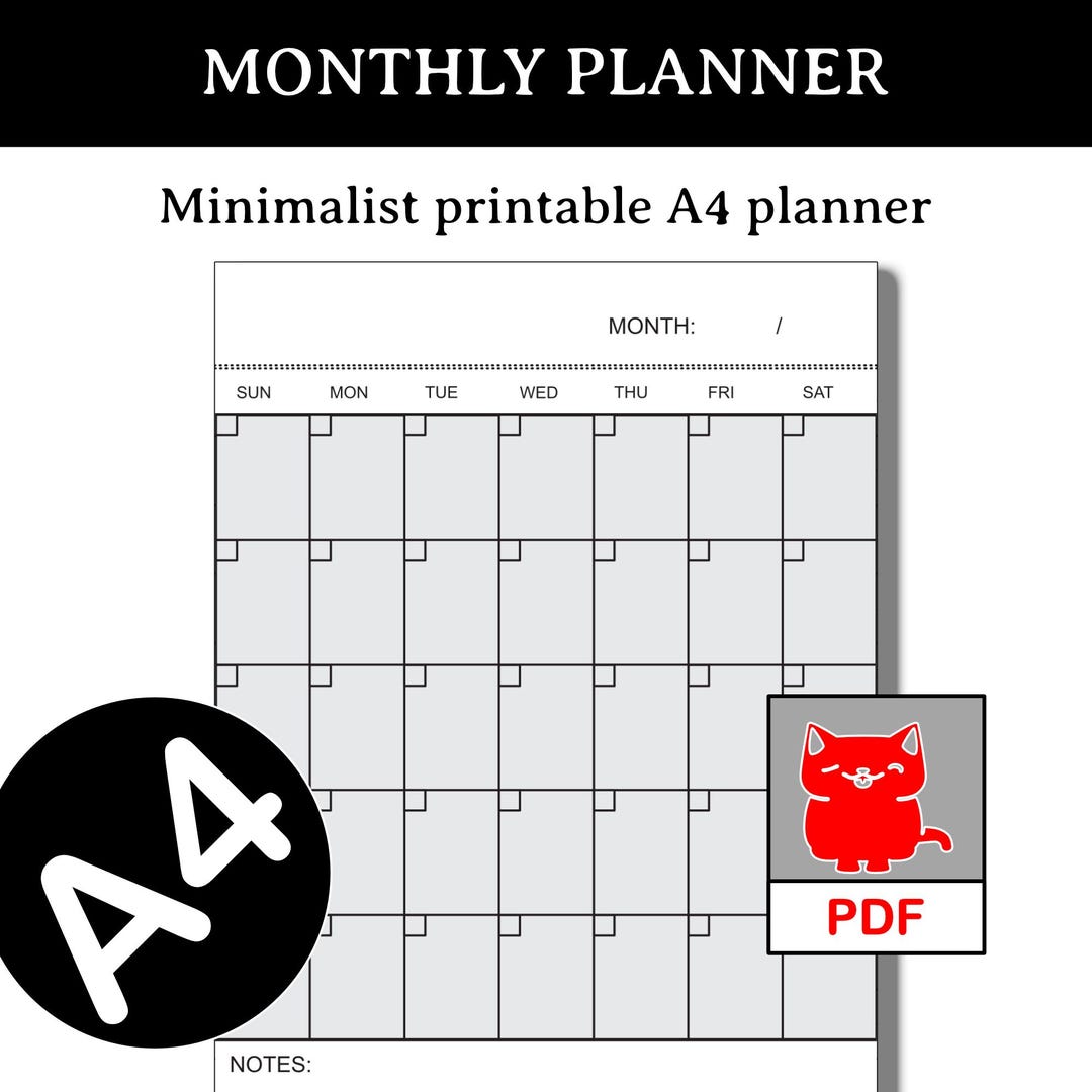 Monthly Planner | A4 | Minimalist Black & White | PDF + JPG Printable ...