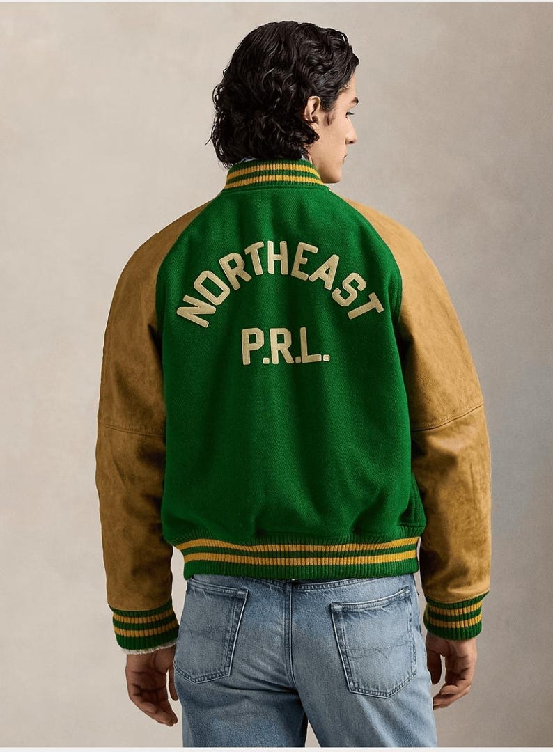 Polo Ralph Lauren Northeast Varsity Jacket Green and Tan Wool Leather ...