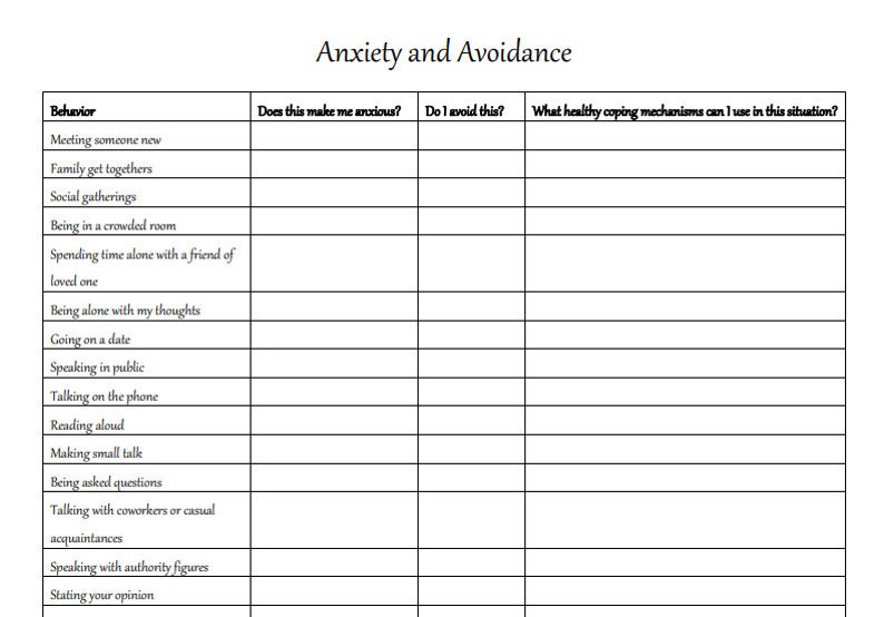 Anxiety and Avoidance Worksheet PDF Download | Etsy