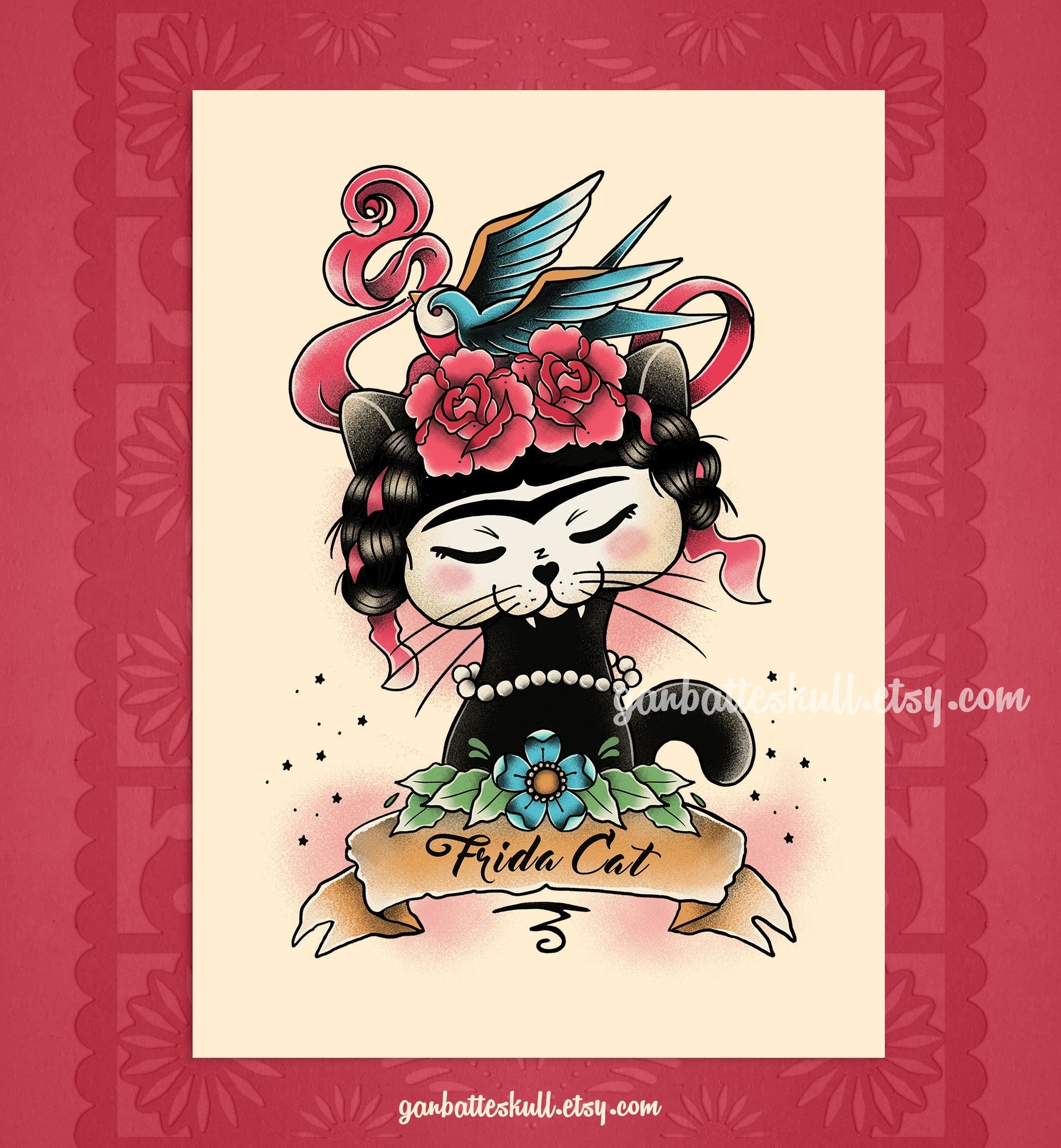 Tattoo Flash Frida Black Cat Frida Kahlo Fan Art Swallow Tattoo Day of ...