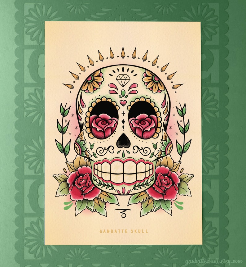 Tattoo Flash Sugar Skull Rose Day of the Dead Calaca Tattoo - Etsy