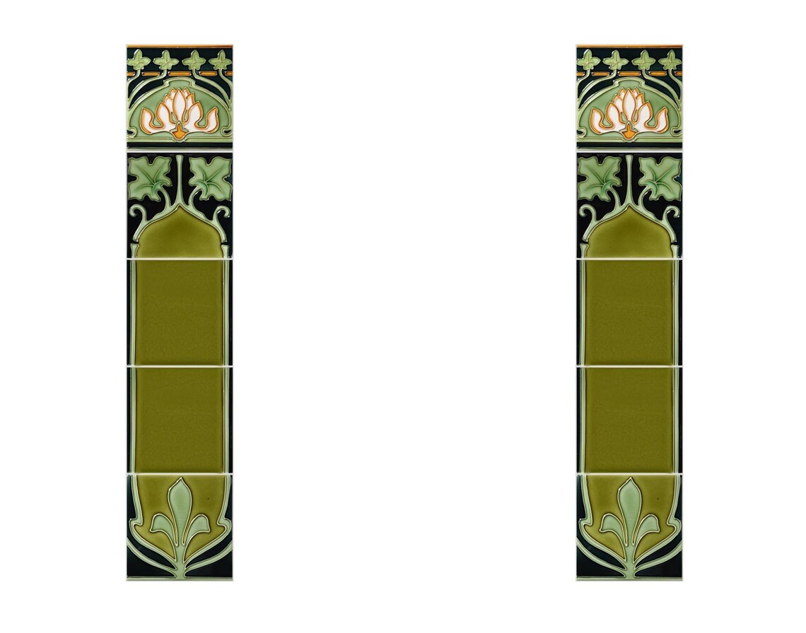 Art Nouveau Fireplace Tiles Olive Green Lotus Tube-lined Hand-painted ...