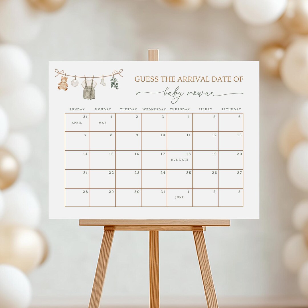 Editable Clothes Baby Due Date Calendar, Clothesline Baby Shower Game ...