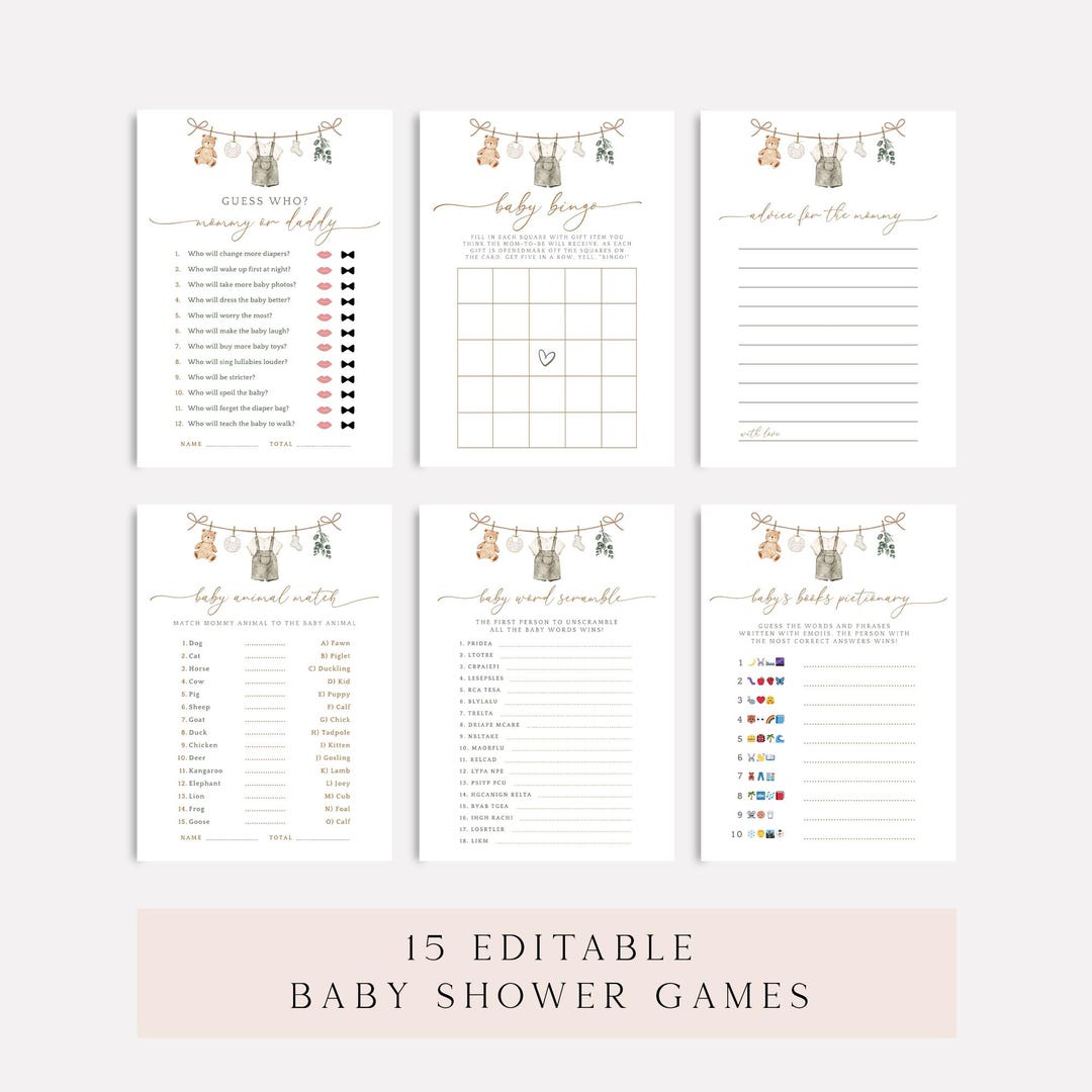 Clothes Baby Shower Game Bundle, Clothesline Game Pack, (editable ...