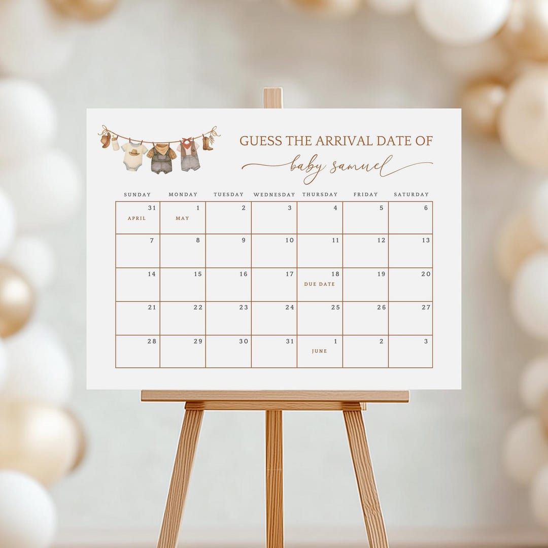 Cowboy Baby Shower Due Date Calendar, Western Guess Baby's Birth Date ...