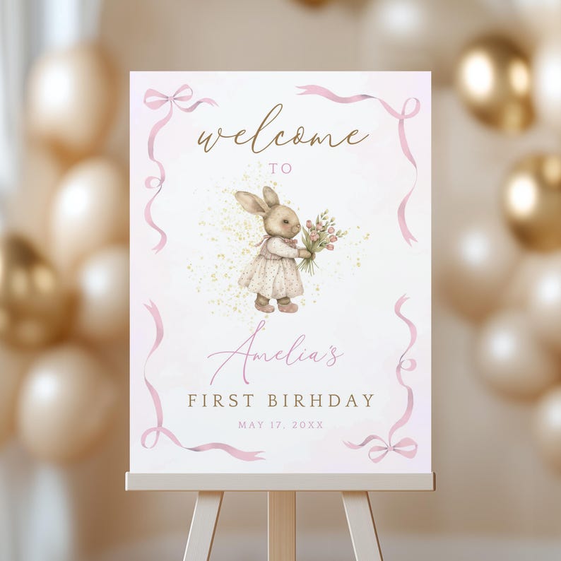 Editable Peter Rabbit Birthday Welcome Sign, Pink Bow First Birthday ...