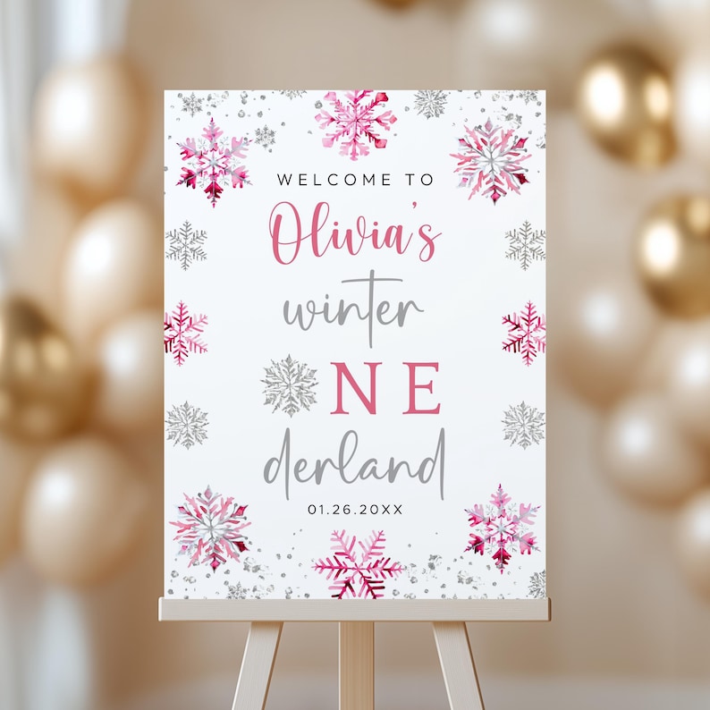 Editable Winter Onederland Birthday Welcome Sign, Pink Snowflakes ...