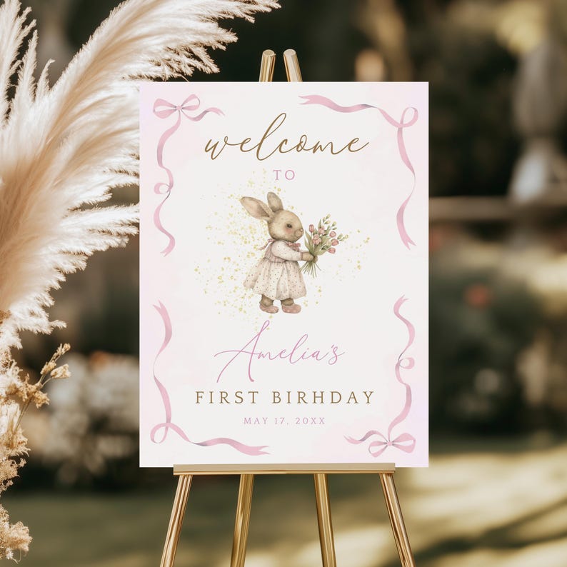 Editable Peter Rabbit Birthday Welcome Sign, Pink Bow First Birthday ...